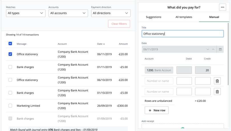 Recording bank transactions in Bokio manually | Bokio